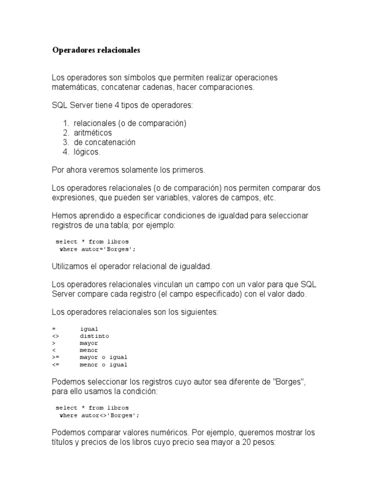 Operadores Relacionales | PDF | SQL | Datos
