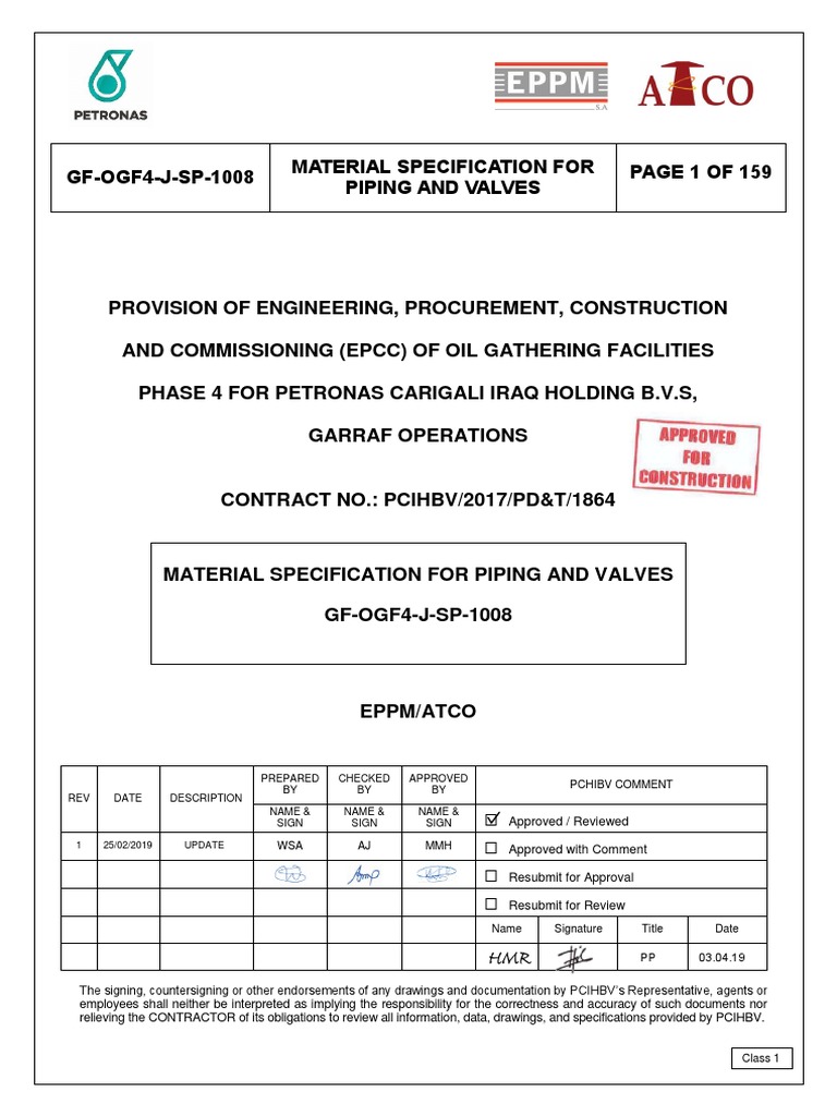 GF-OGF4-J-SP-1008 - Material Specification For Piping and Valves - Rev 1 - CODE AFC | PDF | Pipe ...