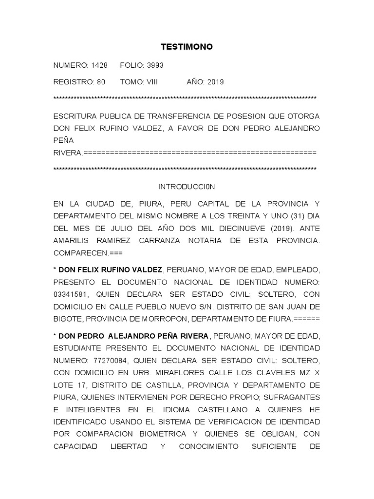 TESTIMONO | PDF | Derecho Civil (Common Law) | Justicia