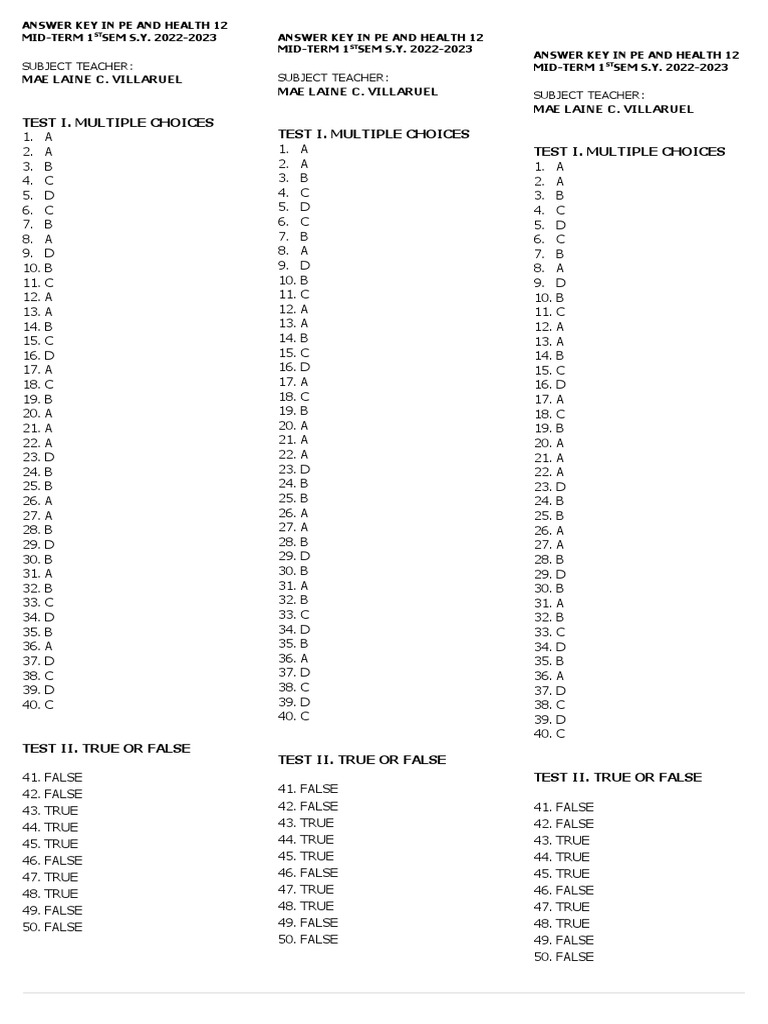 PE and Health 12 Mid-Term Answer Key | PDF | Standardized Tests ...