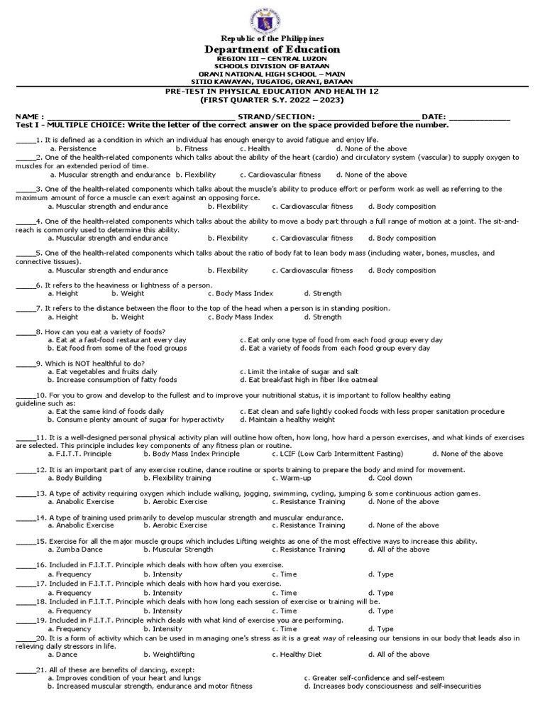 Physical Education Pre-Test for Grade 12 | PDF | Strength Training ...