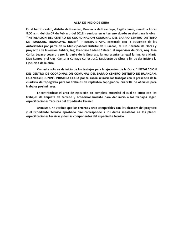 Acta de Inicio de Obra Final | PDF | Madera | Materiales de construcción