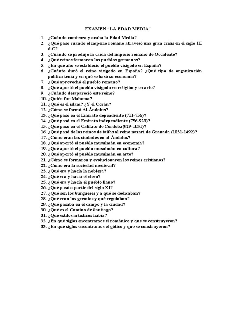 Examen de la Edad Media para 5º Primaria | PDF