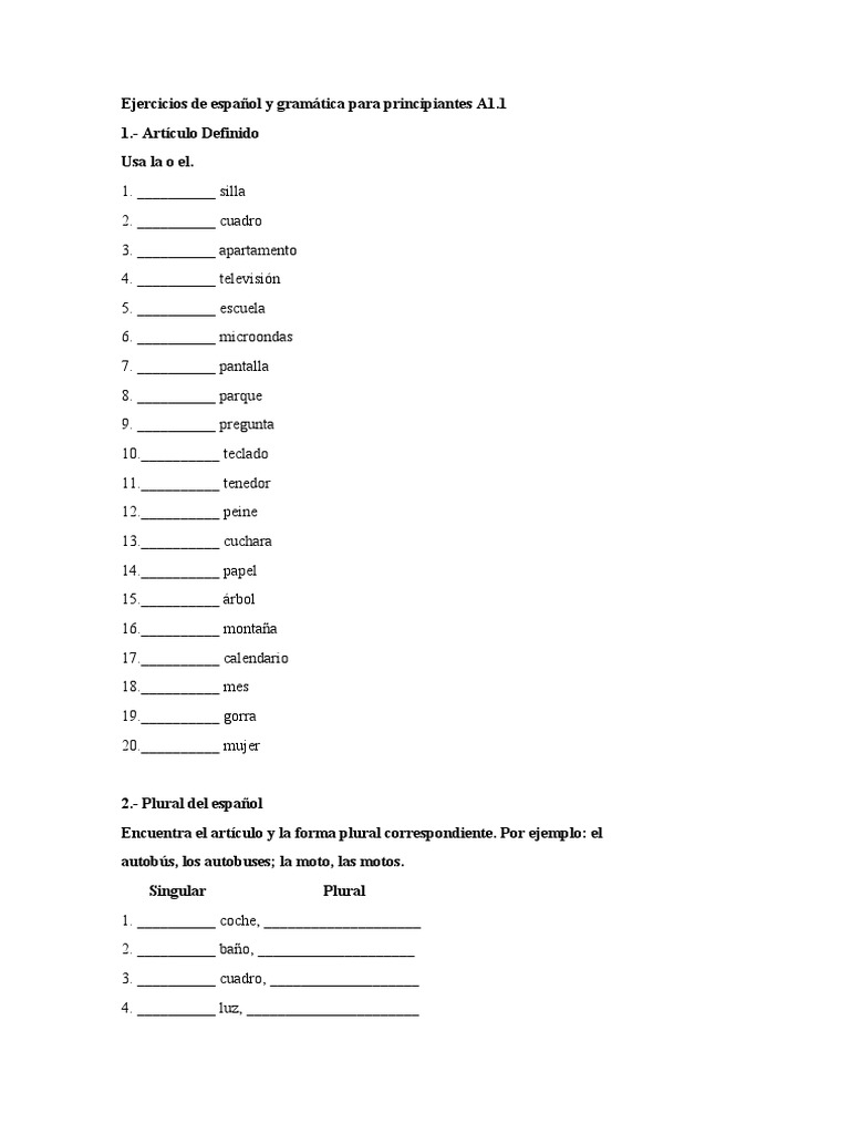 Ejercicios de Español y Gramática para Principiantes A1 | PDF | Verbo