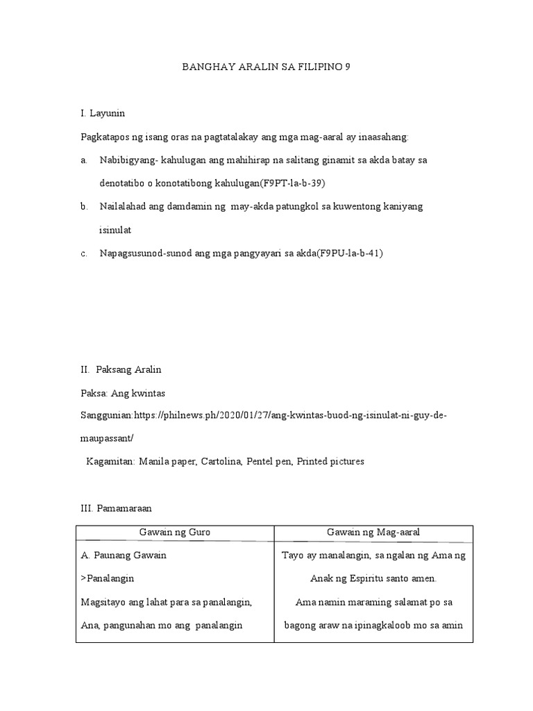 BANGHAY ARALAIN SA FILIPINO Takdang Aralin Donedone | PDF