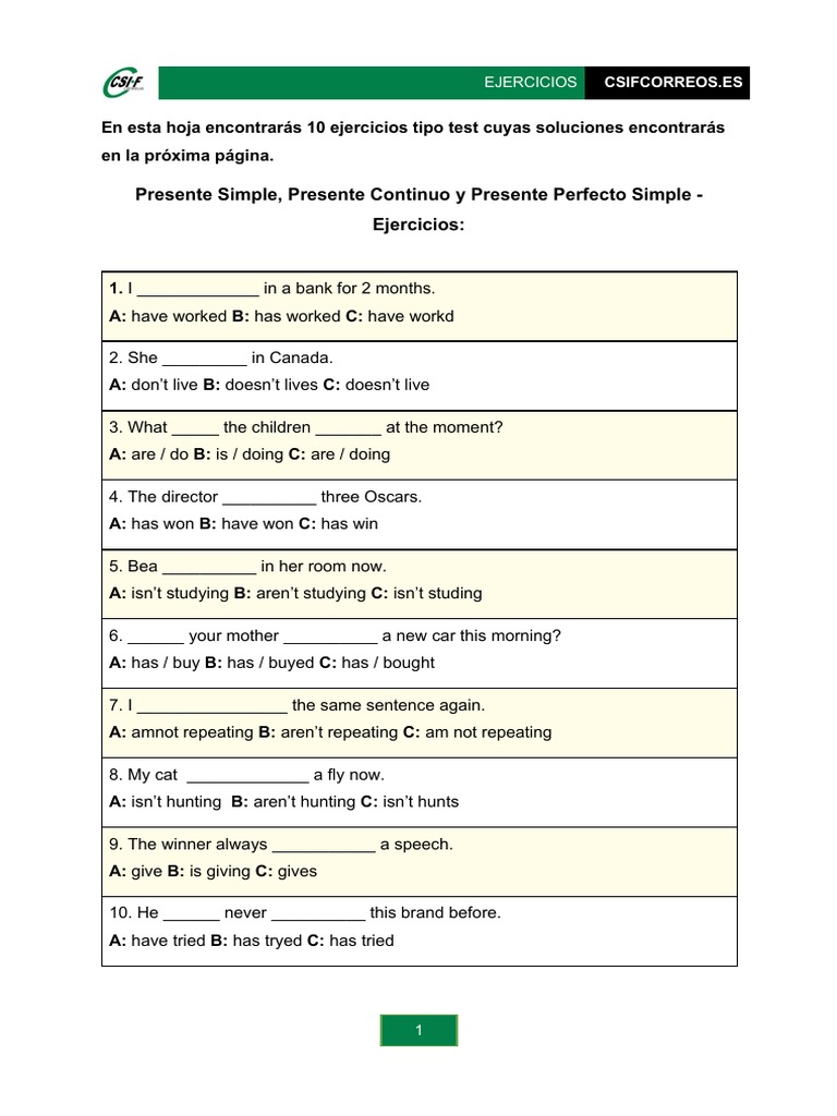 Presente Simple, Presente Continuo y Presente Perfecto Simple - Ejercicios | PDF