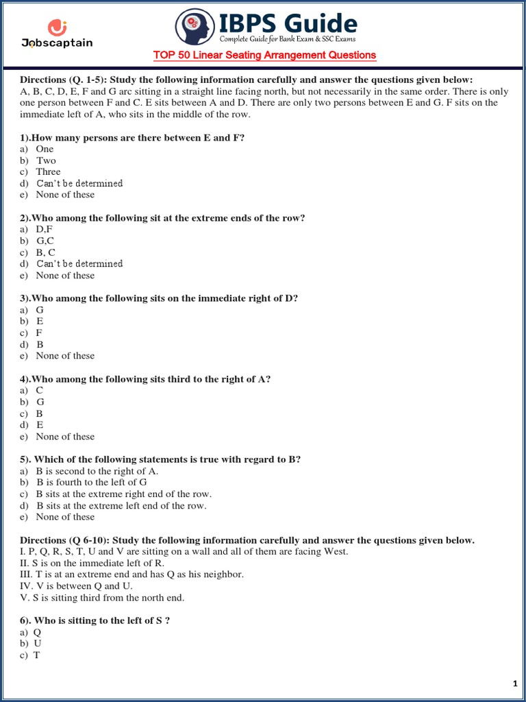TOP 50 Linear Seating Arrangement Questions | PDF