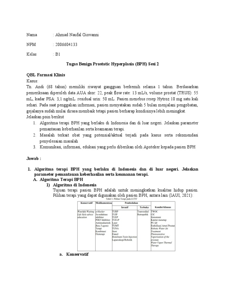 B1 - Ahmad Naufal Giovanni - Tugas Benign Prostatic Hyperplasia (BPH) Sesi 2 | PDF