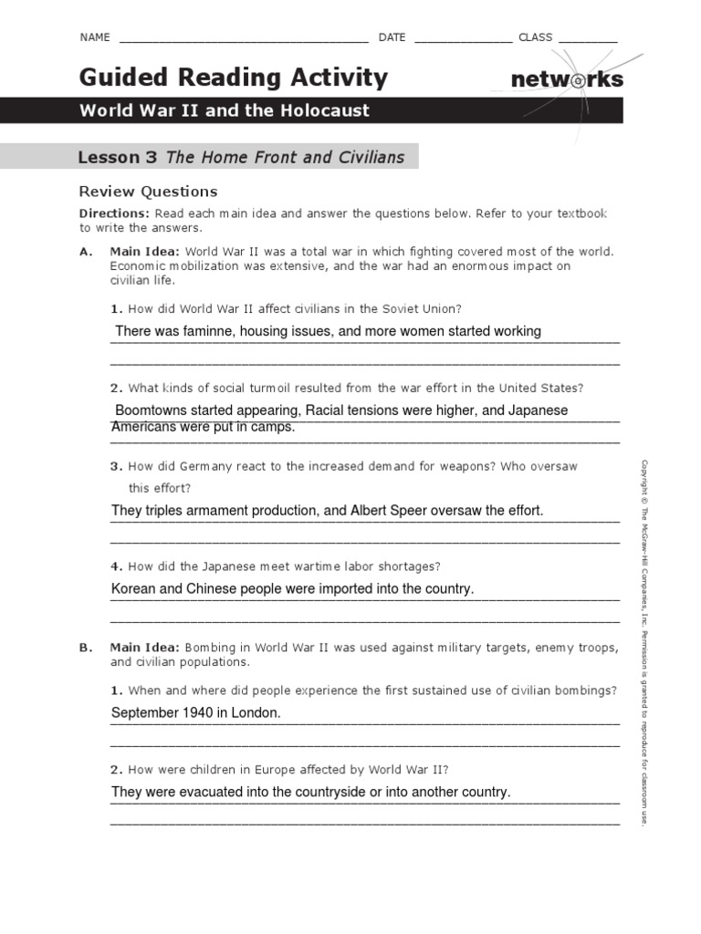 Netw Rks Guided Reading Activity: Lesson 3 The Home Front and Civilians ...