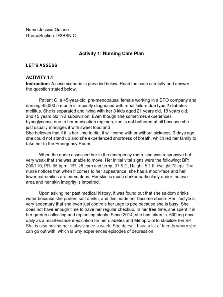 Jessica Quiane Nursing Care Plan | PDF | Creatinine | Dehydration