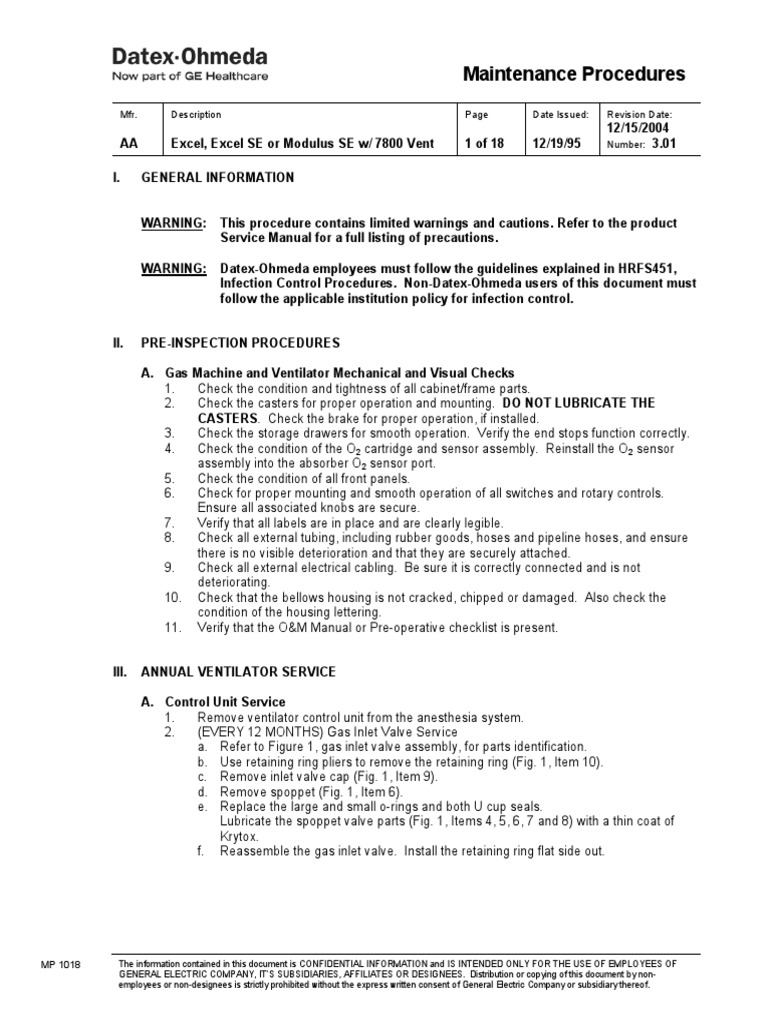 Datex Ohmeda Excel 210 Modulus Maintenance Procedures | PDF | Valve | Flow Measurement