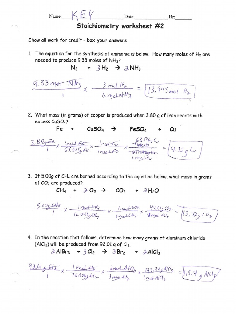 Stoichiometry Worksheet 2 Key | PDF