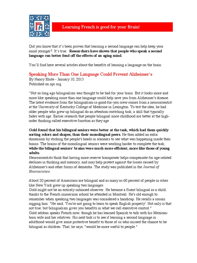 French Is Good For Your Brain | PDF | Multilingualism | Cognitive ...