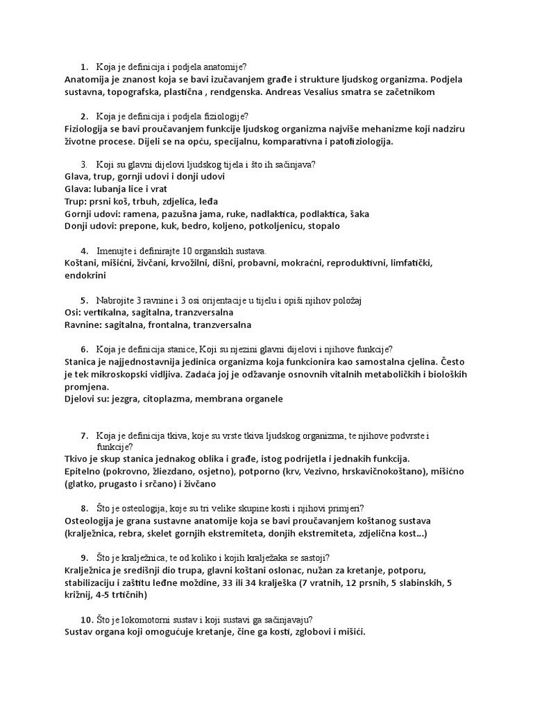 Ispit Anatomija I Fiziologija | PDF