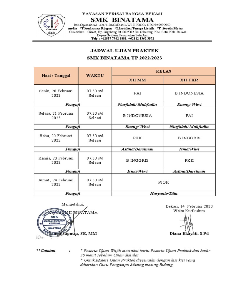 Jadwal Ujian Praktek 2023 | PDF