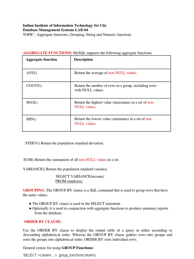 Lab04 Aggregate Functions Group By Numeric And String Functions Pdf 9327