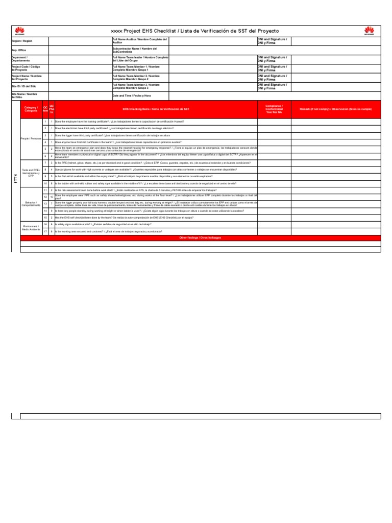 EHS Checklist According To FTTH Project-Ver 1.10 | PDF