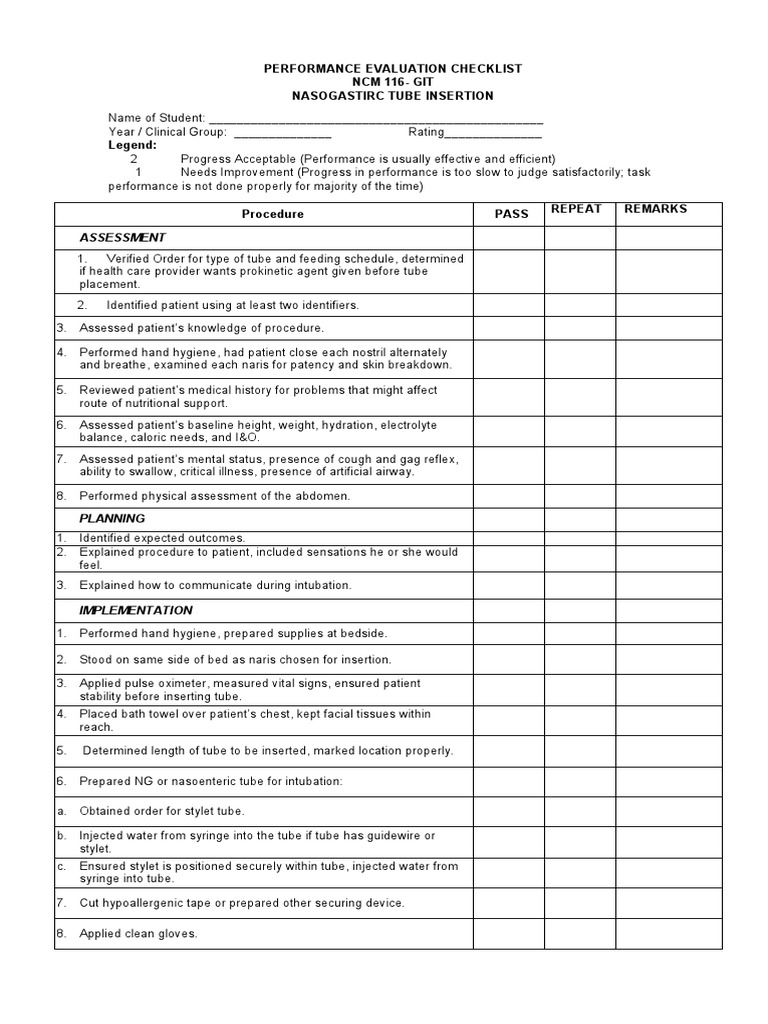 NGT Checklist | PDF | Patient | Diseases And Disorders