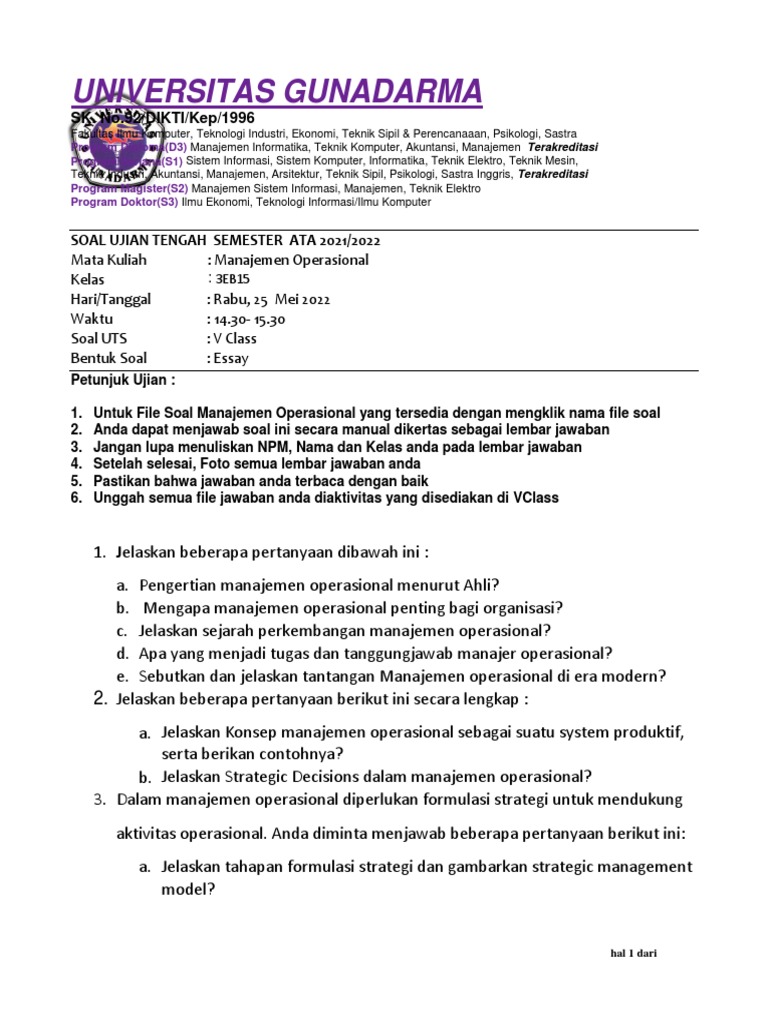 Soal UTS Manajemen Operasional 2022 3EB15 | PDF
