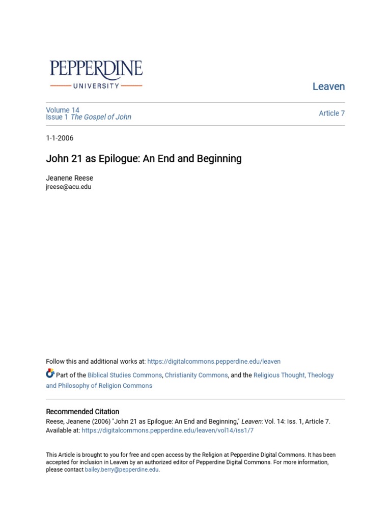 John 21 as Epilogue, An End and Beginning by Jeanene Reese, Leaven 2006 ...