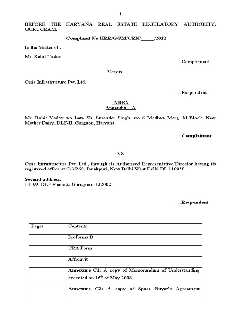 Cra Form - Refund - Rohit Yadav VS Orris Infrastructure PVT LTD - Rera ... Cra Form - Refund - Rohit Yadav VS Orris Infrastructure PVT LTD - Rera ...