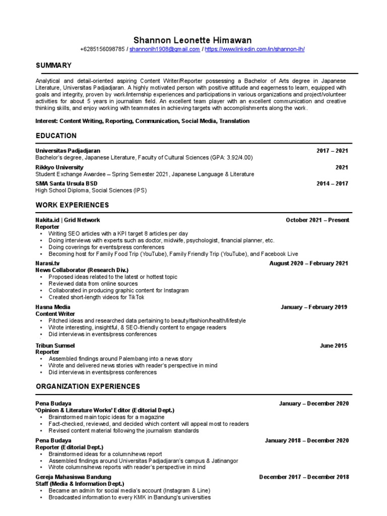 Resume - Shannon Leonette Himawan | PDF | News | Journalism