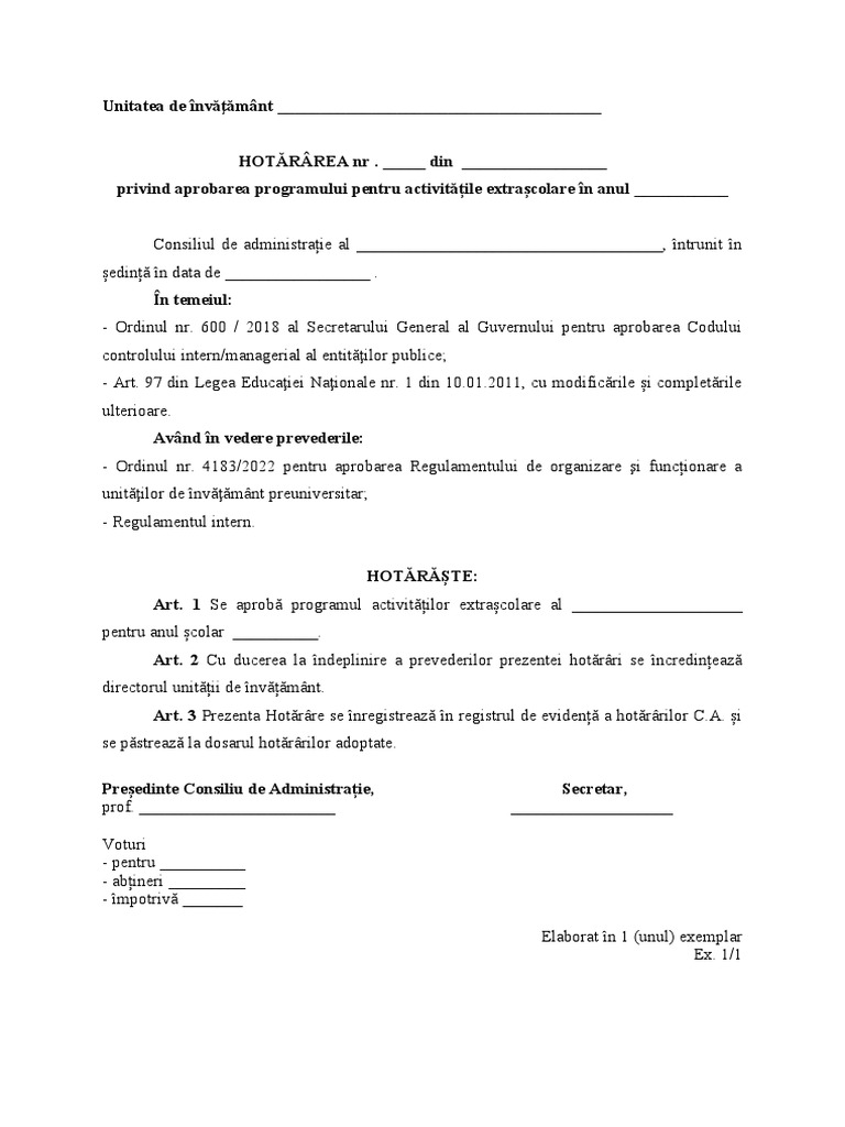 55 Hotarare CA Aprobare Program Activitati Extrascolare | PDF