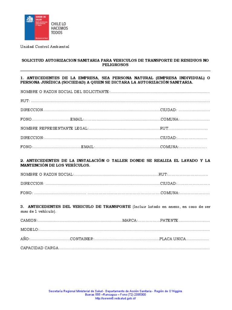 Solicitud Autorización para Vehículos de Transporte de Residuos No Peligrosos | PDF