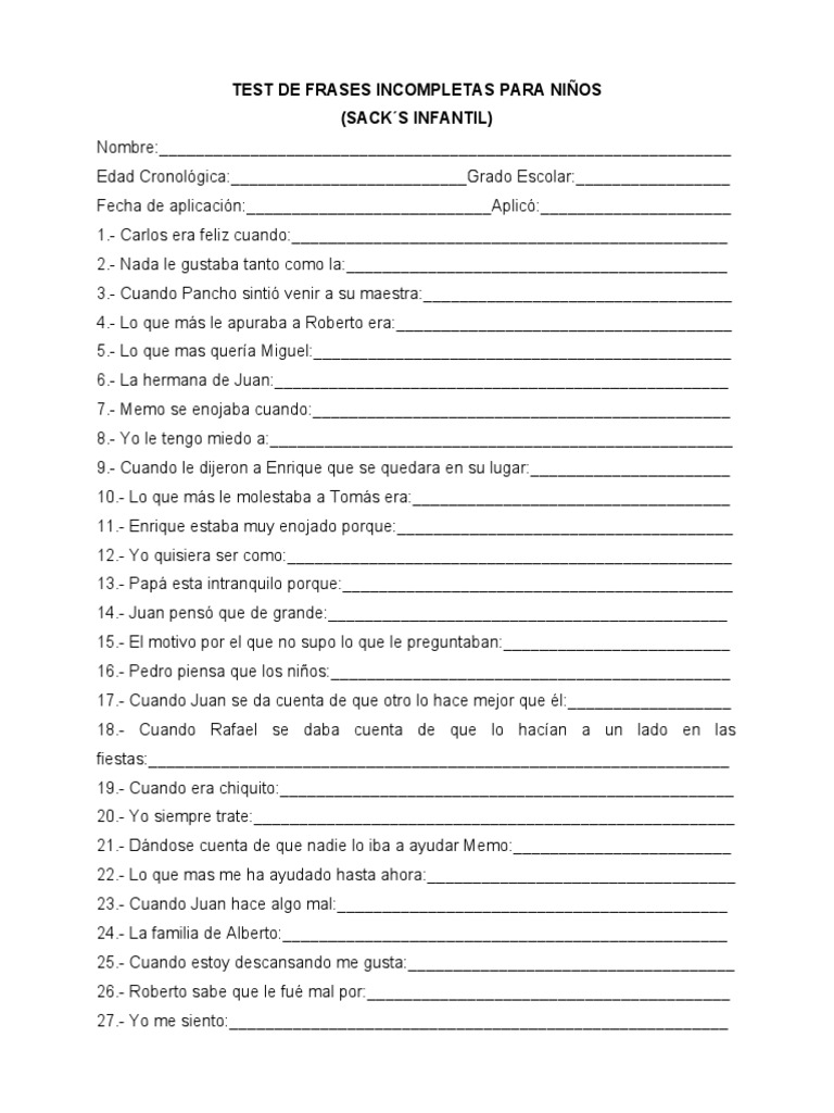 Test de Frases Incompletas para Niños | PDF