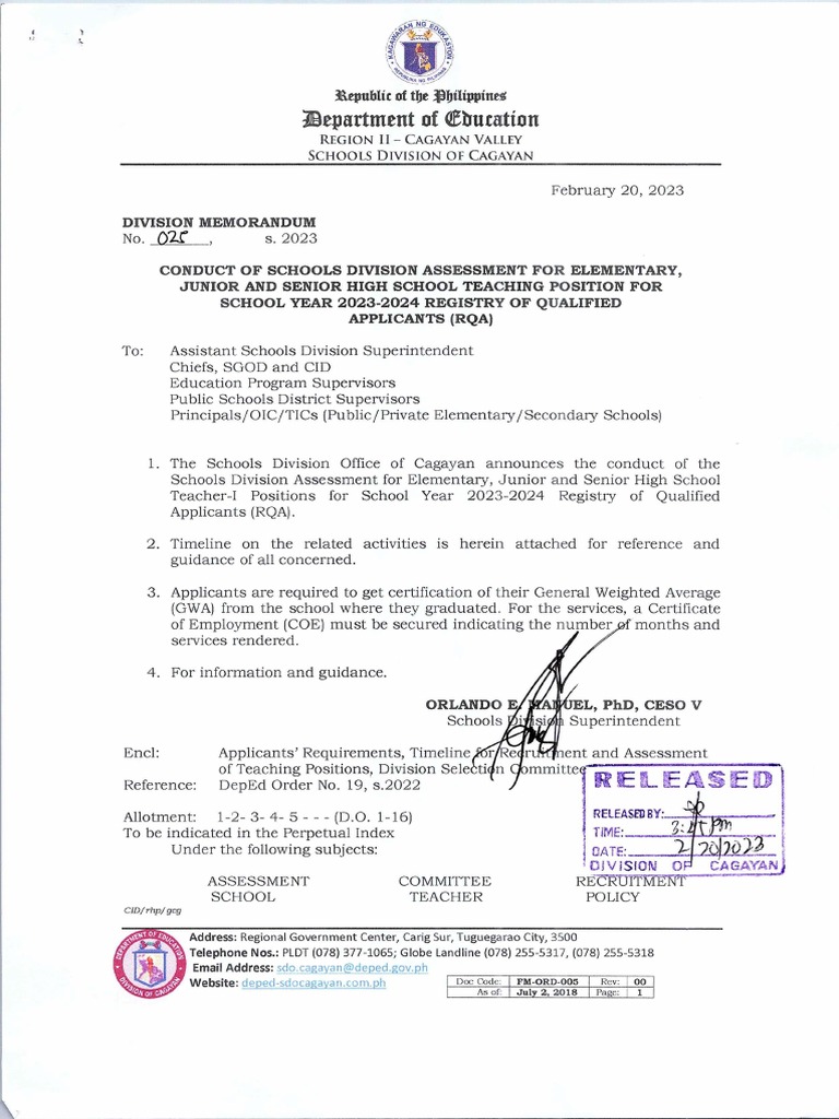 DVM No. 025 S. 2023 Conduct of Division Assessment For Elementary, Jhs and Shs Teaching Position ...