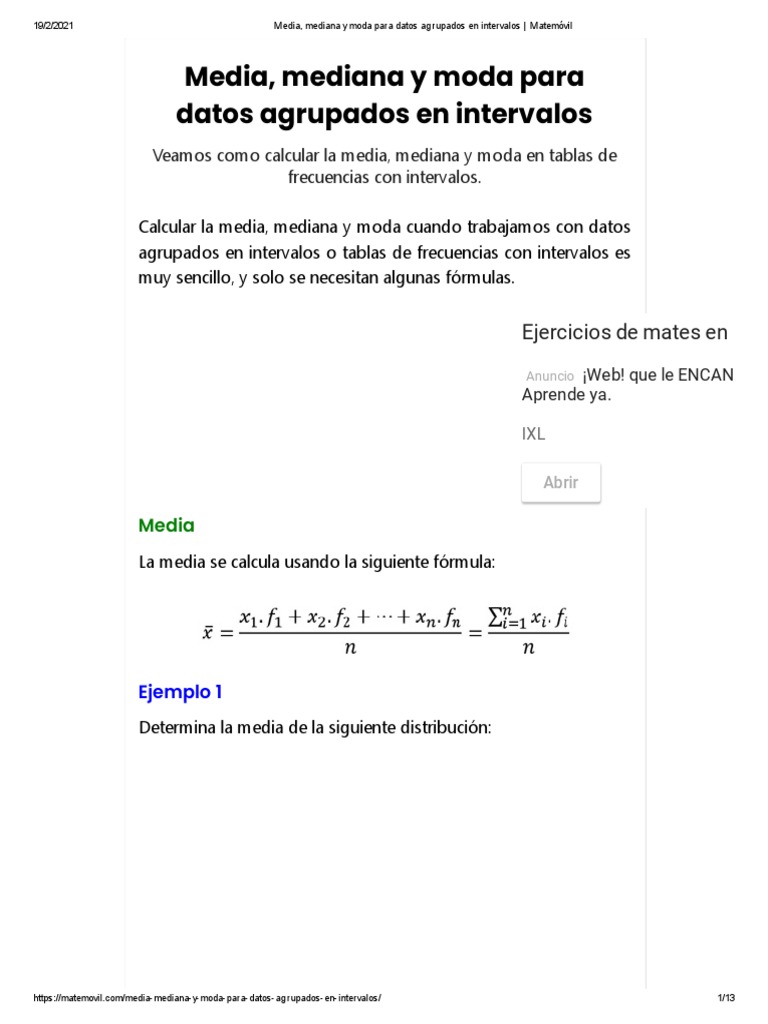 Media, Mediana y Moda para Datos Agrupados en Intervalos - Matemóvil ...