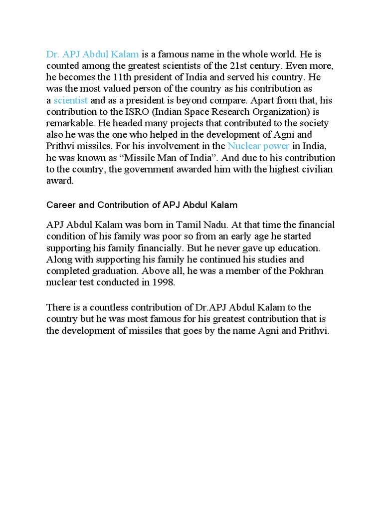 APJ Abdul Kalam's Contributions as Scientist and President | PDF