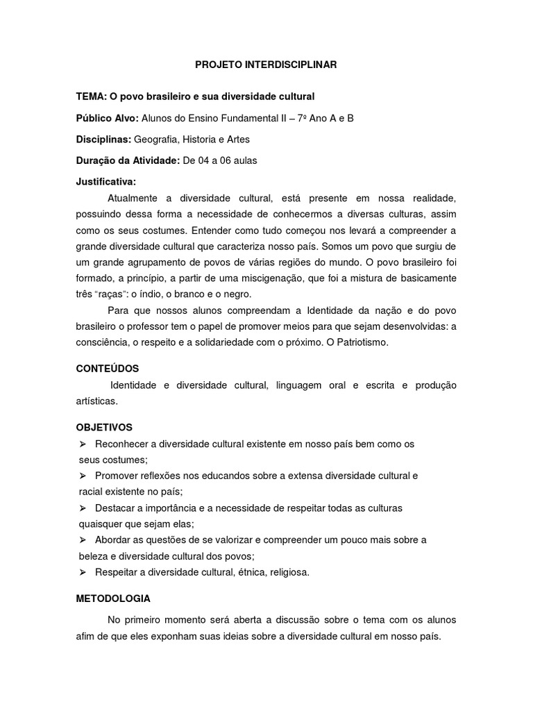 PROJETO INTERDISCIPLINAR - 7º Ano | PDF | Brasileiros | Diversidade cultural