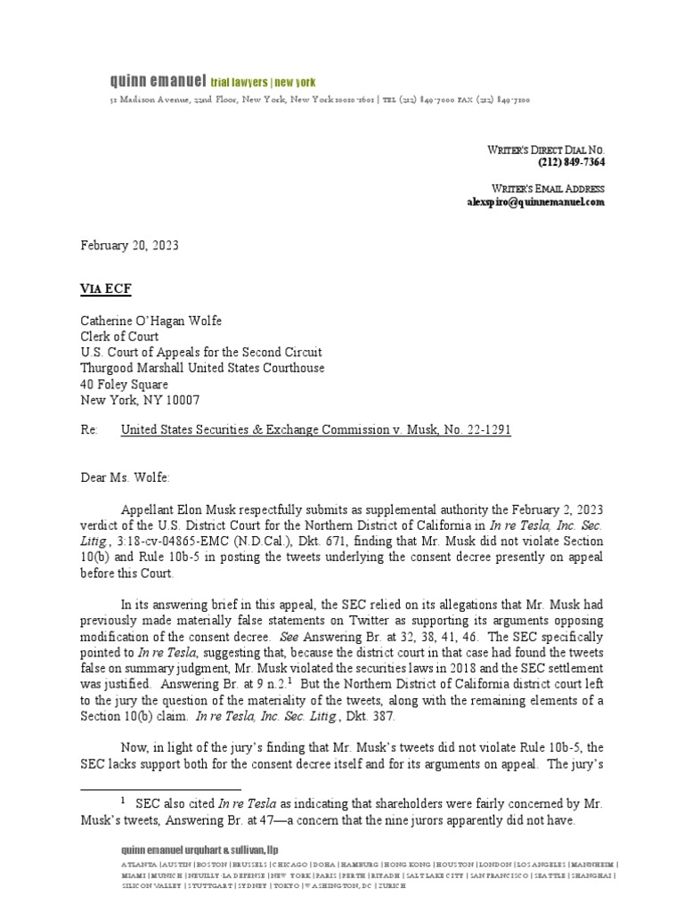 SEC Case Update: Musk Verdict Impact | PDF | Sec Rule 10b 5 | U.S ...