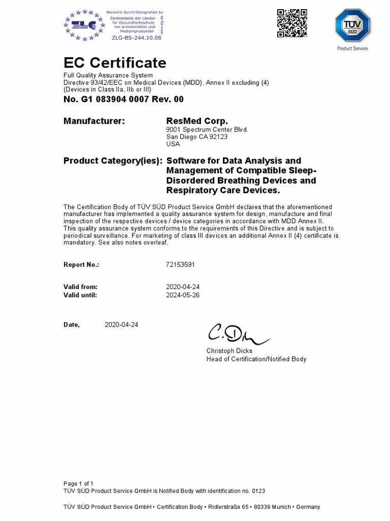 ResMed+Corp+-+EC+Certificate+G1+083904+0007+Rev +00+expiry+2024+05+26 | PDF