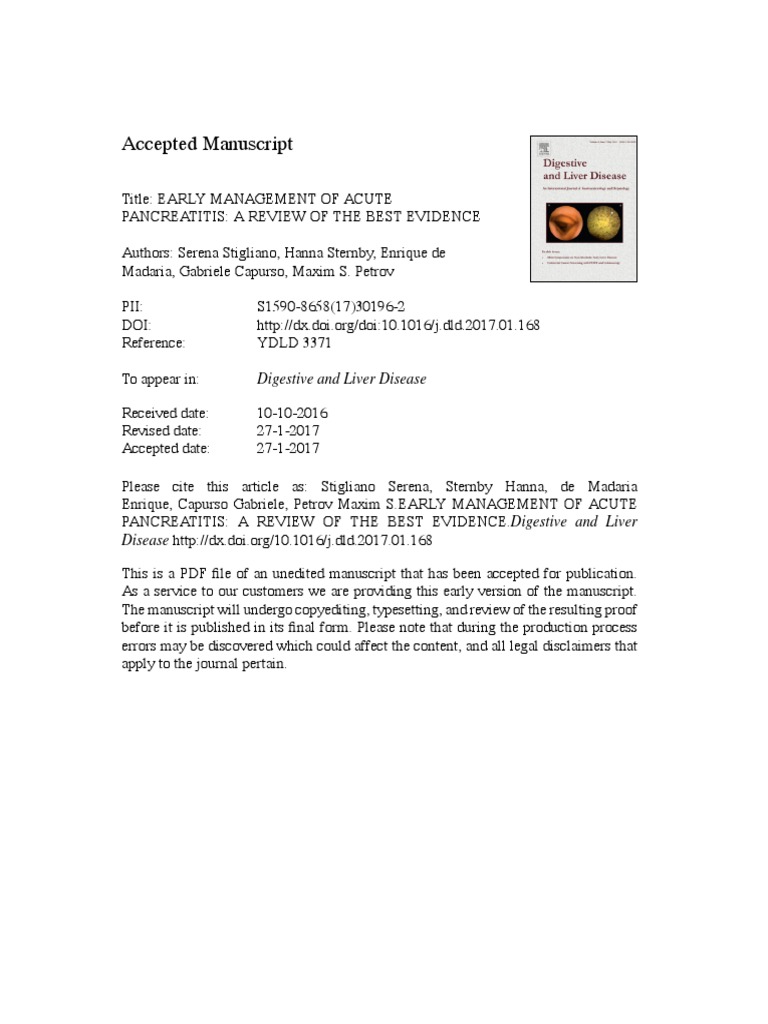 Early Management of Acute Pancreatitis-A Review of The Best Evidence. Dig Liver Dis 2017 | PDF ...