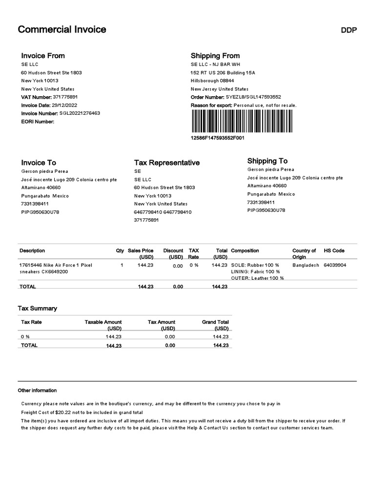 Commercial Invoice for the Sale and Shipment of Nike Air Force 1 ...