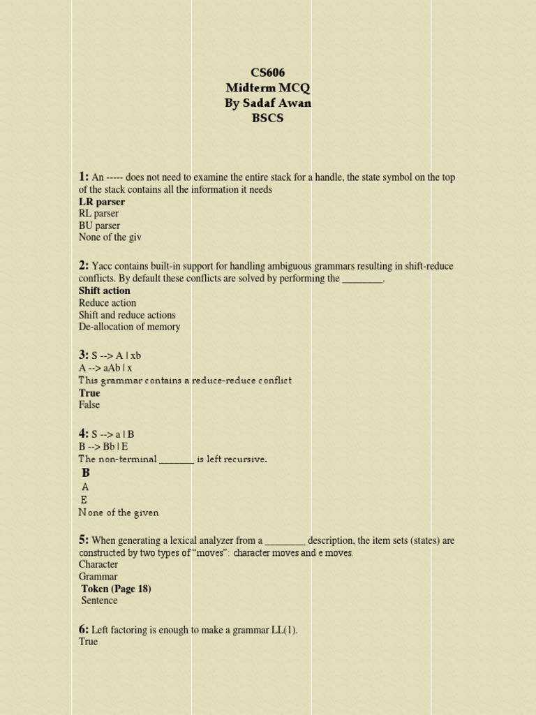 Cs606 Midterm Solved MCQ by Sadaf Awan | PDF | Parsing | Compiler
