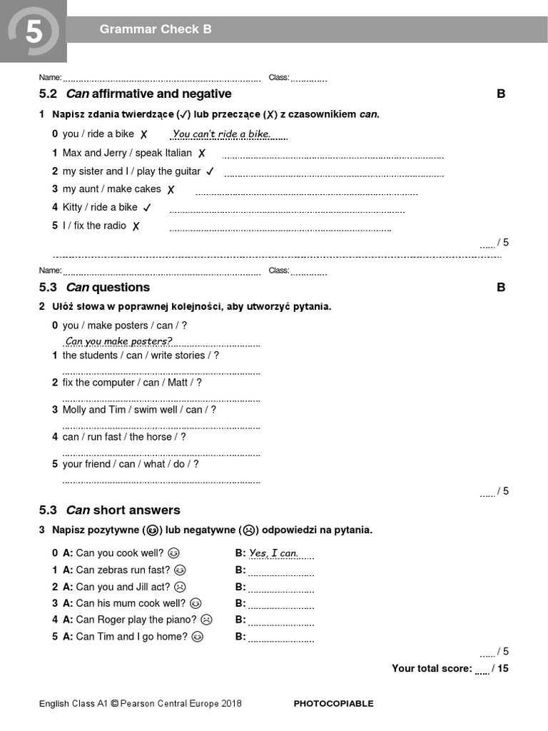 ECA1 Tests Grammar Check 5B New2018 | PDF