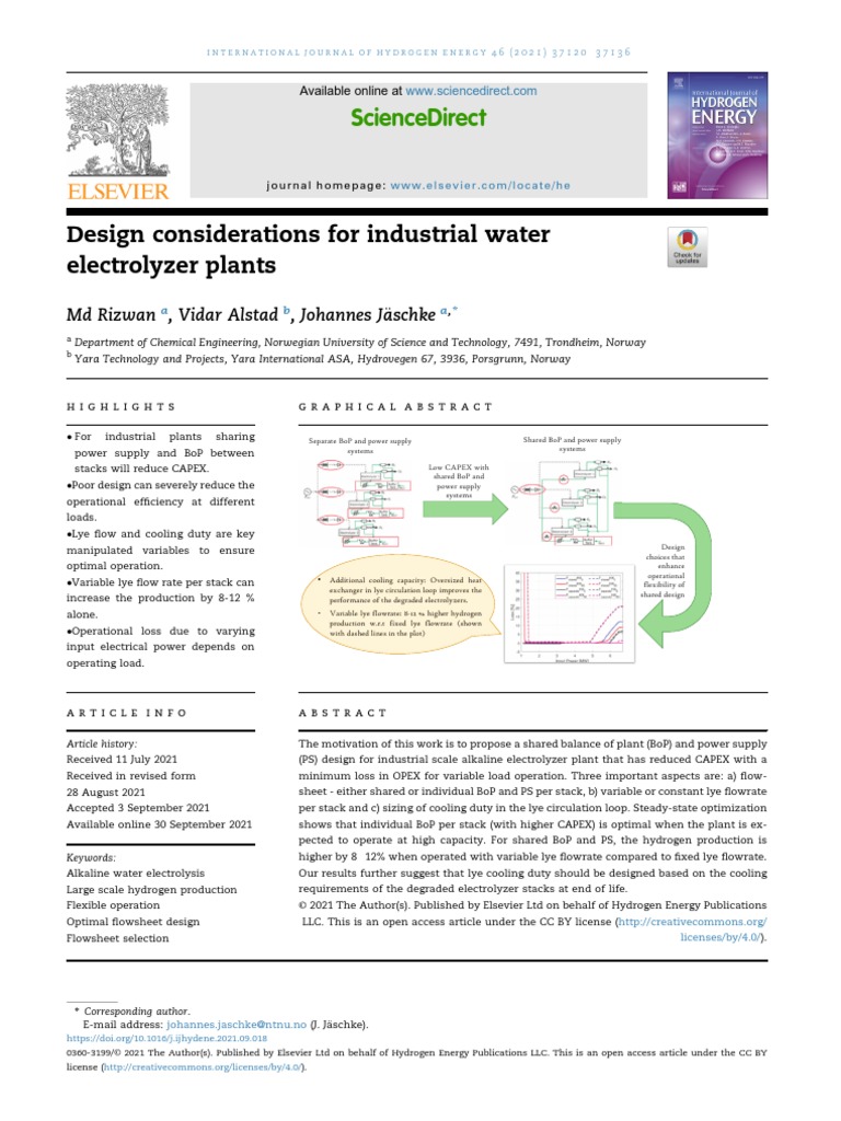 Design Considerations For Industrial Water Electrolyzer Plants | PDF ...