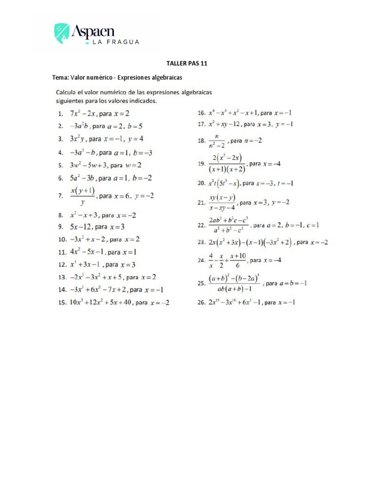 TALLER PAS 11 Valor Numérico | PDF