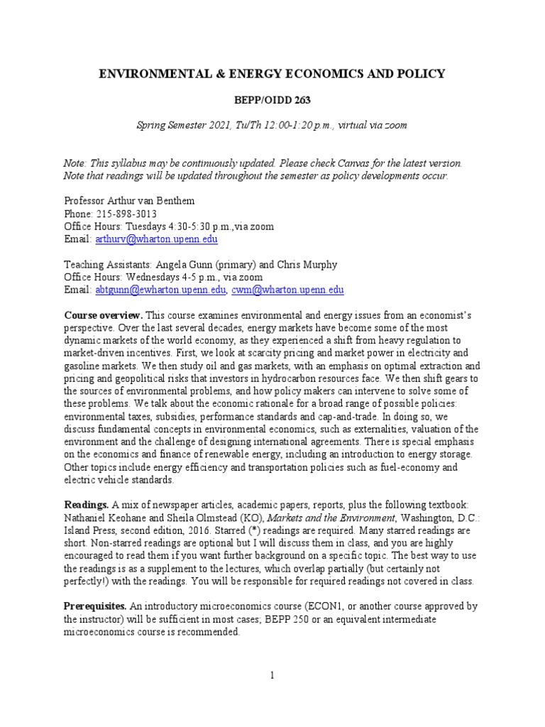 Environmental & Energy Economics Course | PDF | Emissions Trading ...