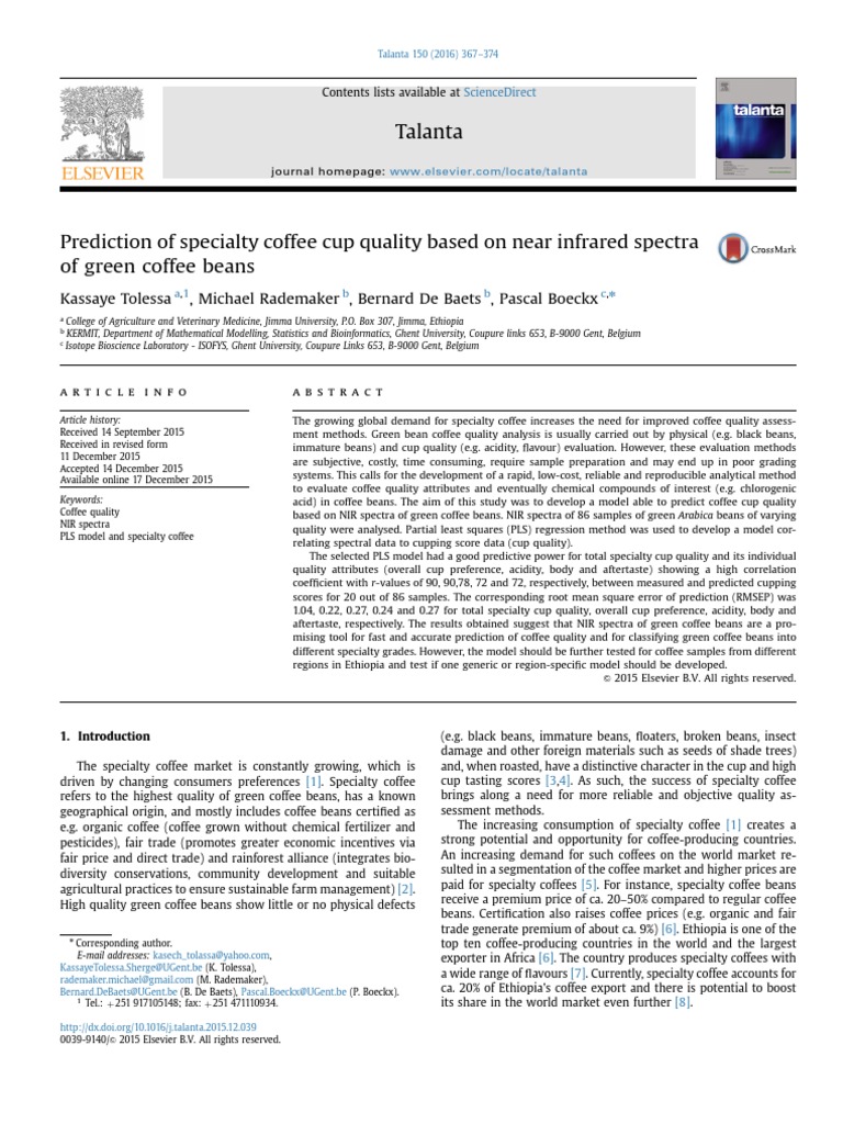 Prediction of Specialty Coffee Cup Quality Based On Near Infrared Spectra of Green Coffee Beans ...