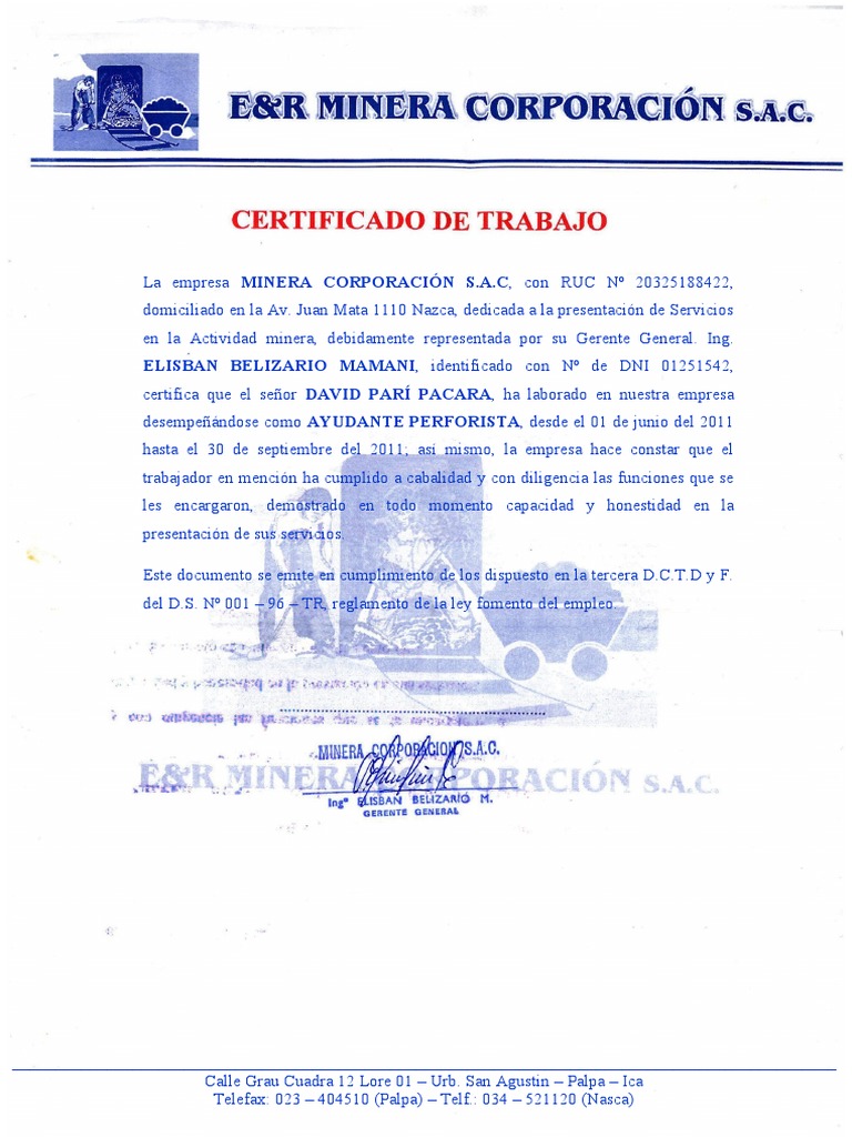 Certificación laboral de David Parí Pacara | PDF