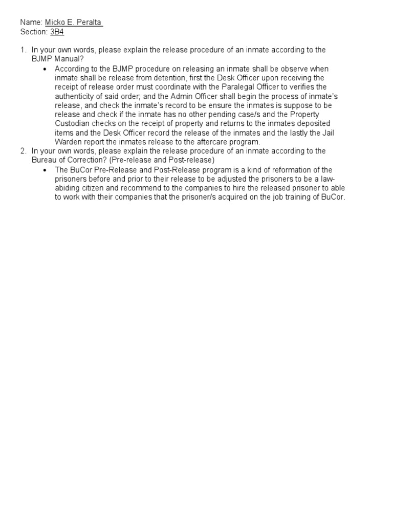 BJMP and BuCor Release Procedure Assignment | PDF