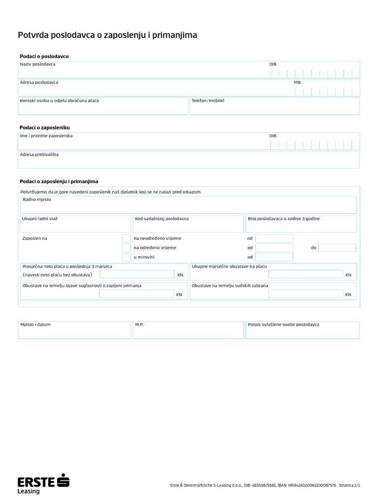 Obrazac Potvrde Poslodavca o Zaposlenju I Primanjima | PDF