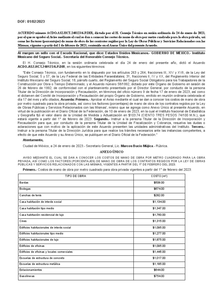 Costos de Mano de Obra 2023 en México | PDF | México | Politica de mexico