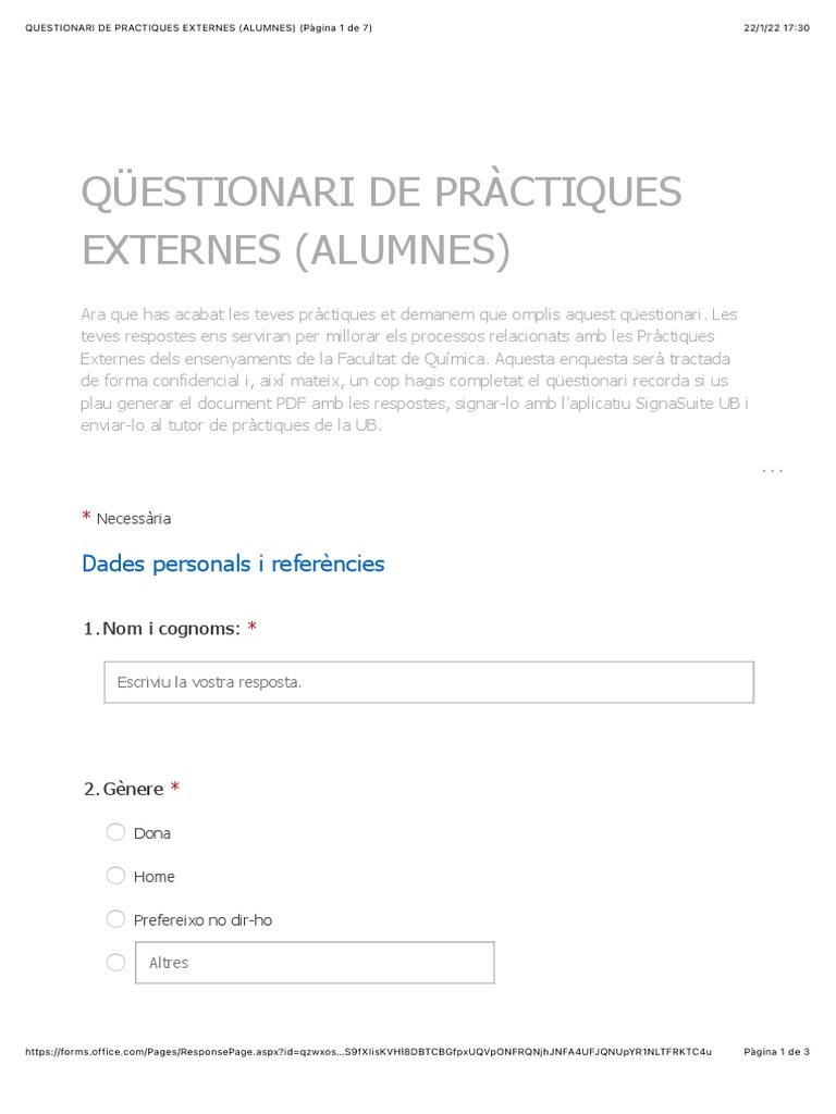 Qüestionari de Pràctiques Externes (Alumnes) (Pàgina 1 de 7) | PDF