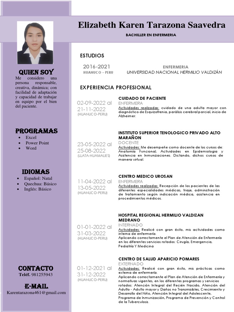 CV - Elizabeth Karen Tarazona Saavedra | PDF | Enfermería | Hospital