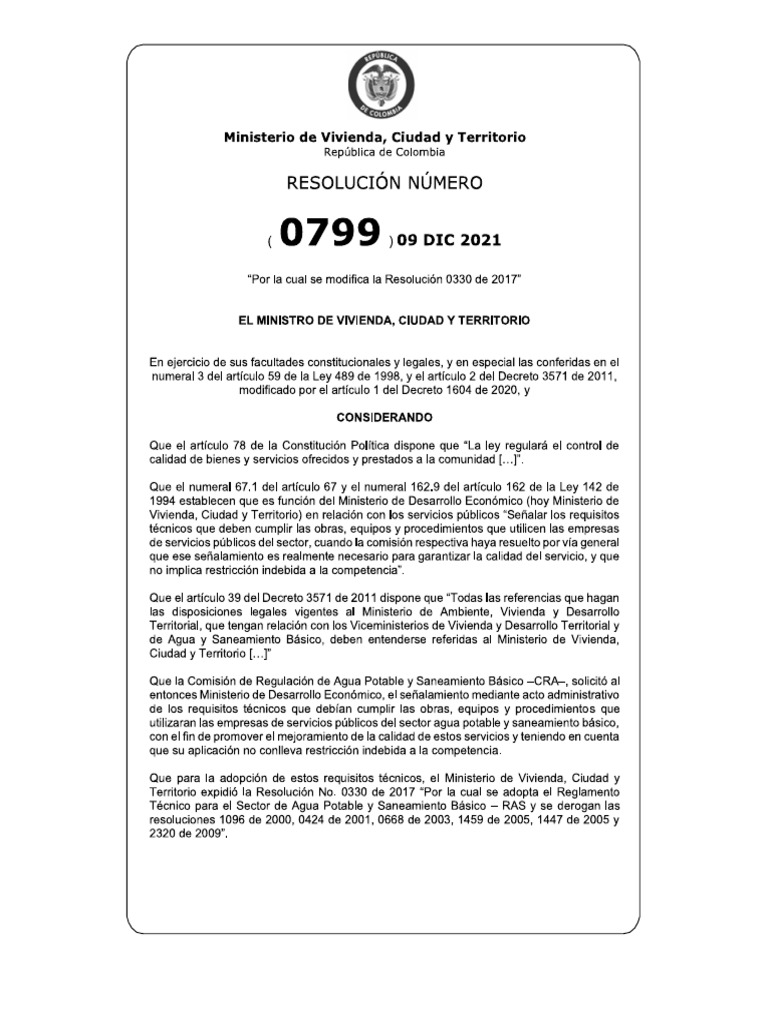 Resolución 0799 de 2021 - Modifica RAS | PDF